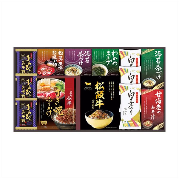 ■商品紹介内容/人形町今半すき焼きふりかけ:30g×1・松阪牛ふりかけ:30g×1・甘海老みそ汁:7.5g×2袋×1・丸美屋のり茶漬け:6g×4袋×1・丸美屋のり茶漬け:6g×2袋×1・永谷園松茸風味お吸い物:2.3g×2袋×1・わかめスー...
