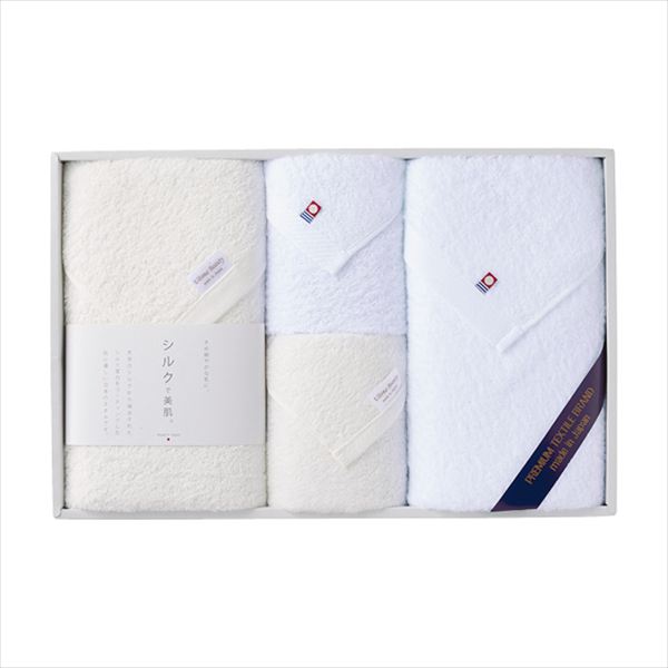 ■商品紹介内容/ワイドバスタオル（シルクプロテイン加工）:68×130×1・バスタオル（今治起毛加工）:60×120×1・フェイスタオル（シルクプロテイン加工）:33×80×1・フェイスタオル（今治起毛加工）:33×75×1 材質/綿100...