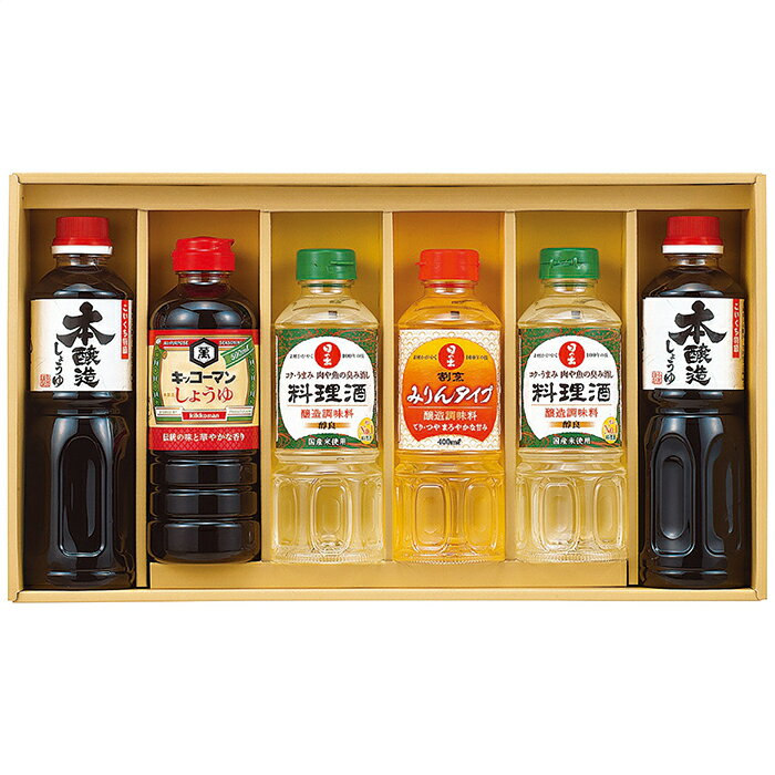 ■商品紹介：出番の多い調味料のセット ■商品内容：キッコーマンこいくちしょうゆ1本・サンビシ本醸造しょうゆ2本・各500ml・日の出料理酒2本・日の出割烹みりんタイプ1本・各400ml ■パッケージサイズ：45.3×25.5×7.5cm ■...