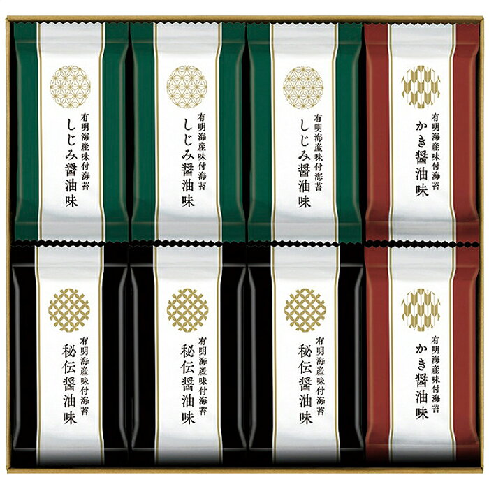 ■商品紹介：しじみとかきの旨みたっぷりの味付海苔と海苔屋秘伝の醤油だれで仕上げた3つの味わいを楽しめる詰合わせです。 ■商品内容：味付海苔(しじみ醤油味)(8切4枚)・味付海苔(秘伝醤油味)(8切4枚)各9袋・味付海苔(かき醤油味)(8切4...