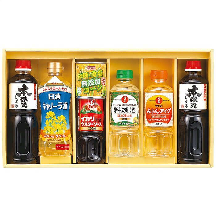 ■商品紹介：お料理の幅がひろがります。 ■商品内容：日清キャノーラ油350g・日の出料理酒400ml・日の出割烹みりんタイプ400ml・イカリテーブルウスターソース250ml各1本・サンビシ本醸造しょうゆ500ml×2本・ホテイ砂糖・食塩無...