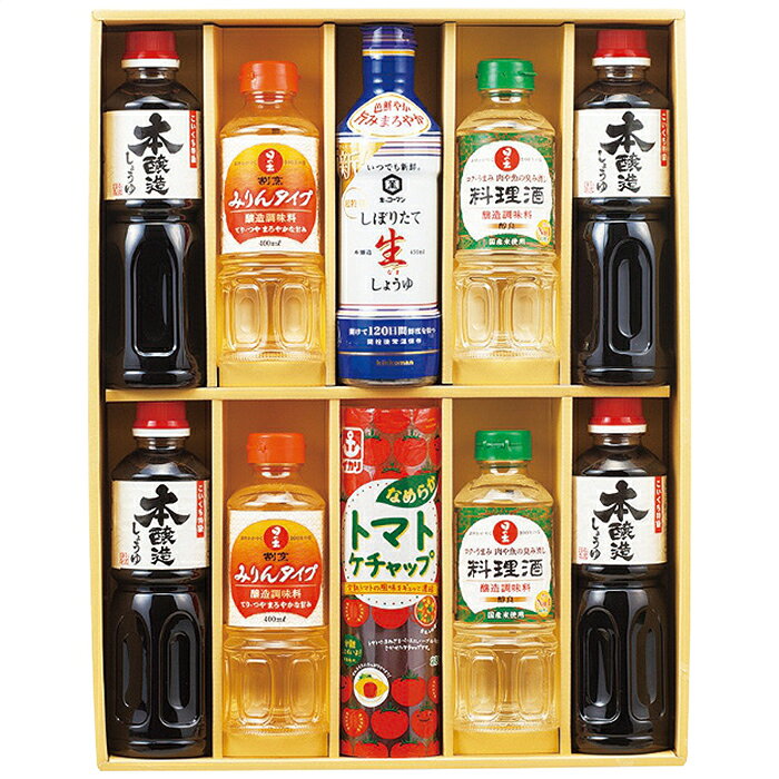 ■商品紹介：出番の多い調味料のセット ■商品内容：キッコーマンいつでも新鮮しぼりたて生しょうゆ450ml・イカリなめらかトマトケチャップ280g各1本・サンビシ本醸造しょうゆ500ml×4本・日の出料理酒400ml・日の出割烹みりんタイプ4...