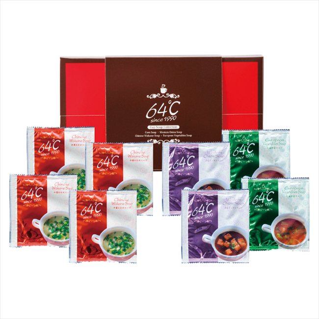 ■商品紹介：64℃スープギフトの“こだわり”64℃スープギフトは、スープを飲む時に温かくおいしく感じられ、体をあたためます。おいしいスープをご賞味ください。 ■商品内容：セット内容/中華わかめスープ×4、洋風オニオンスープ・欧風野菜スープ×...