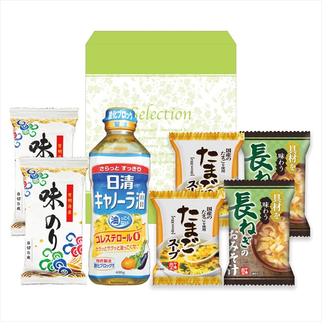 ■商品紹介： ■商品内容：セット内容/味のり（8切5枚）・たまごスープ・具材をあじわう長ねぎのおみそ汁×各2、日清キャノーラ油（400g）×1 ■パッケージサイズ：20×18.5×6.5cm ■賞味期限（ある場合）：常温1年 メーカー希望小...