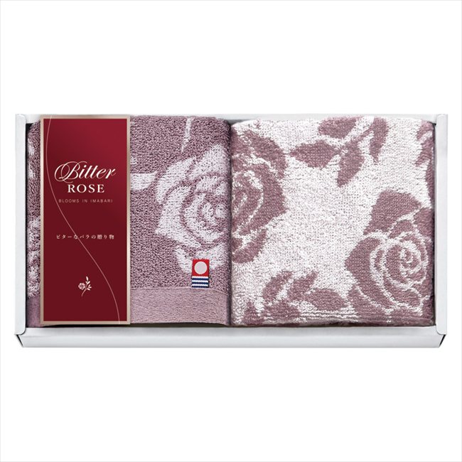 ■商品紹介：大輪が咲き誇るシックな今治タオルセット。緯糸にパイルと同じ色糸を入れることで深い色味に仕上げ、バラが引き立つ高級感ある一枚に。パイルで表現された細やかな花柄が、今治の歴史や技、伝統を醸し出しています。さりげないこだわりが光る、エ...