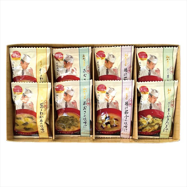 ■商品紹介：9年連続 ミシュラン東京2ッ星獲得店「おかもと」岡本英嗣監修 こだわりの和食ギフト ■商品内容：セット内容/汁椀だし薫るかきたま汁・汁椀揚げ茄子の味噌汁・汁椀あおさの味噌汁・汁椀葱とわかめの味噌汁×各2 ■パッケージサイズ：18...