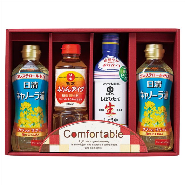 ■商品紹介：もらってうれしい調味料ギフト ■商品内容：セット内容/日清キャノーラ油（350g）×2、キッコーマンしぼりたて生しょうゆ（450ml）・日の出割烹みりんタイプ（400ml）×各1 ■パッケージサイズ：23.4×32×7.1cm ...