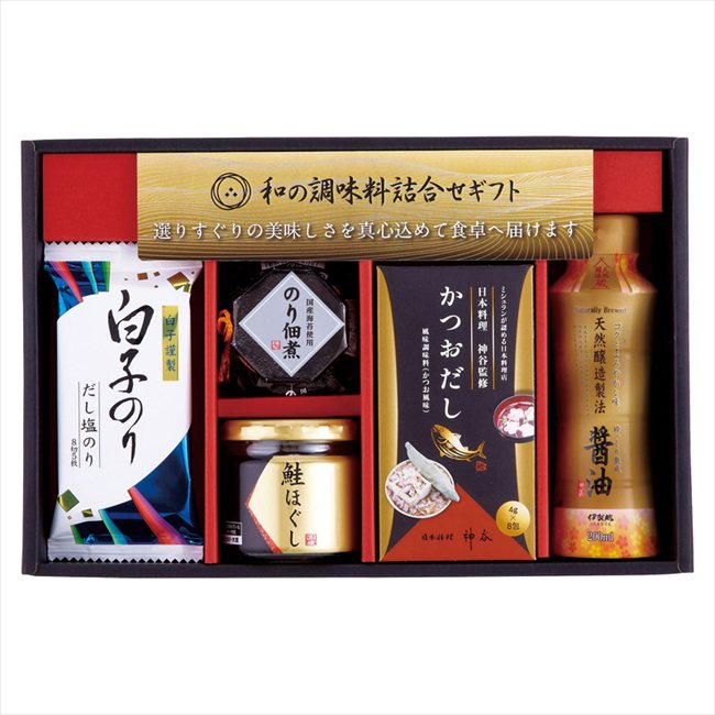 ■商品紹介：ミシュランが認める日本料理店「神谷」監修の味をご家庭でもお楽しみください。 ■商品内容：セット内容/のり佃煮（80g）・鮭ほぐし（50g）・かつおだし（4g×8袋）・伊賀越天然醸造醤油（200ml）・白子のりだし塩のり（8切5枚...