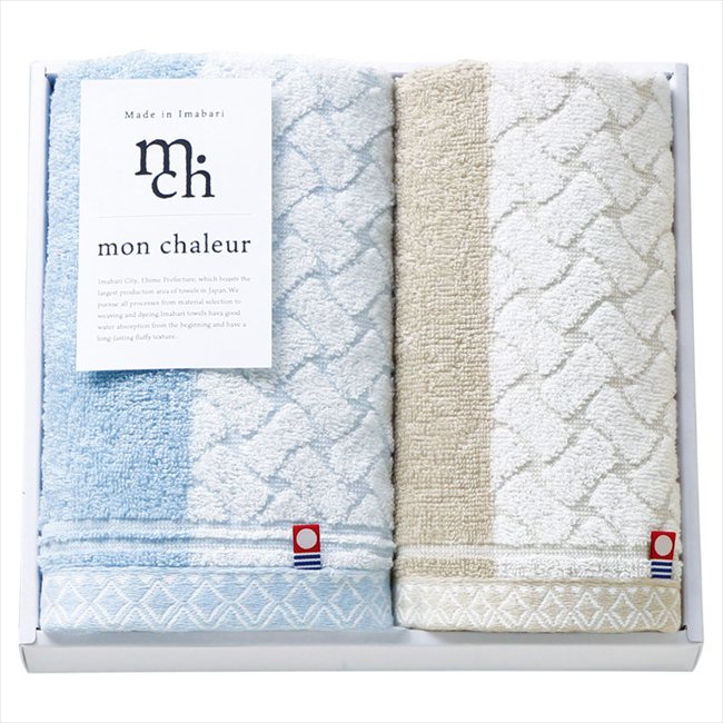 ■商品紹介：今治ならではのやわらかなやさしいタオル。『あたたかな』を意味するフランス語?chaleur?と『世界』を意味する?mond?から名づけられた『MonChaleur』。縦に2つの色を配し、右側の縄の網目のような模様が特徴です。 ■...