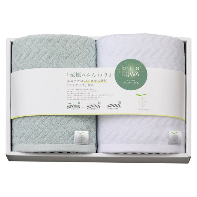 ■商品紹介：「至極のふんわり」ユニチカのバイオマス素材「テラマック」使用。テラマックと綿の糸を一緒に撚り合わせ、水に入れることによりテラマックだけが溶け、残った綿糸には空気の隙間ができます。これにより甘撚り糸のような、ふんわり柔らかく、吸水...