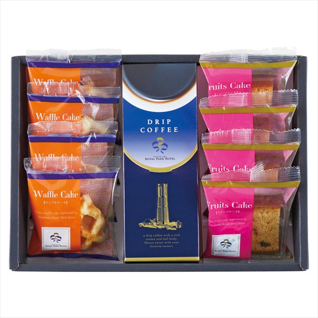 ■商品紹介：たっぷりのフルーツピールを生地に練り込み濃厚な香りで焼き上げたフルーツケーキと、じっくり焼き上げたワッフルケーキを珈琲で楽しめる詰合せです。 横浜ロイヤルパークホテル監修の人気のスイーツバラエティギフトです。 ■商品内容：セット...