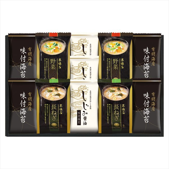 ■商品紹介： ■商品内容：セット内容/有明海産味付海苔（8切8枚）×4、しじみ醤油味付海苔（8切8枚）×3、マルコメ京懐石おみそ汁（野菜（17.4g）・長ねぎ（15.7g））×各2 ■パッケージサイズ：24.5×36×4.5cm ■賞味期限...