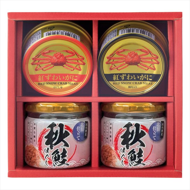 ■商品紹介：国内製造のカニ缶と鮭ほぐしのセットです。カニ缶は紅ずわいがにを使用しチャーハン、サラダ、スープ等、アレンジの幅も広く、もちろんそのままでも美味しくお酒の肴にも最適で、鮭ほぐしはフレークとは違い、鮭の食感と風味をお楽しみ頂け、程よ...