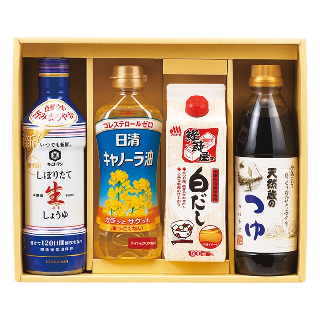 ■商品紹介： ■商品内容：セット内容/日清キャノーラ油（350g）・キッコーマンいつでも新鮮しぼりたて生しょうゆ（450ml）・伊賀越天然蔵のつゆ・マルトモ鰹節屋の白だし（各500ml）×各1 ■パッケージサイズ：25.5×30.5×7.5...