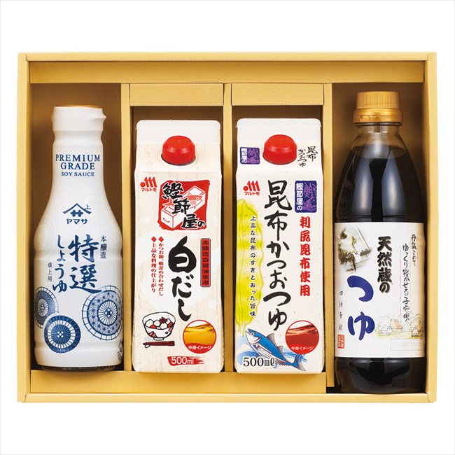 ■商品紹介： ■商品内容：セット内容/ヤマサ卓上特選しょうゆ（360ml）・伊賀越天然蔵のつゆ・マルトモ鰹節屋の白だし・マルトモ昆布かつおつゆ（各500ml）×各1 ■パッケージサイズ：25.5×30.5×7.5cm ■賞味期限（ある場合）...