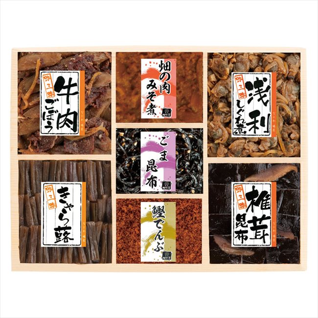 ■商品紹介：職人が丹精込めて炊き上げた和食の保存食、佃煮・昆布の詰合せです。 ■商品内容：セット内容/牛肉ごぼう（70g）・きゃら蕗・椎茸昆布（各60g）・浅利しぐれ煮（50g）・ごま昆布（40g）・畑の肉みそ煮・鰹でんぶ（各30g）×各1...