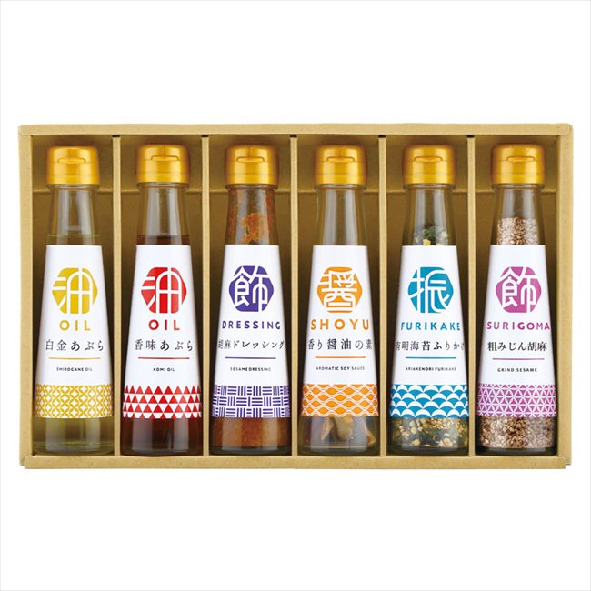 ■商品紹介：毎日の食卓に欠かせない調味料の詰合せです。ドレッシングや香味油、ふりかけなど…。様々な調味料で食卓を華やかに彩ります。 ■商品内容：セット内容/白金あぶら・香味あぶら（各90g）・胡麻ドレッシング（100ml）・香り醤油の素（4...