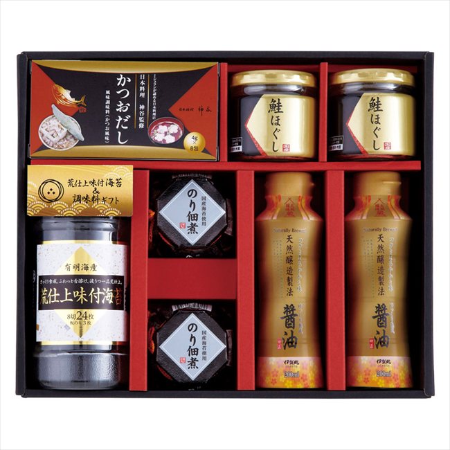 ■商品紹介：ミシュランが認める日本料理店「神谷」監修の味をご家庭でもお楽しみください ■商品内容：セット内容/鮭ほぐし（50g）・のり佃煮（80g）・伊賀越 天然醸造醤油（200ml）×各2、かつおだし（4g×8袋）・味付のり（8切24枚）...