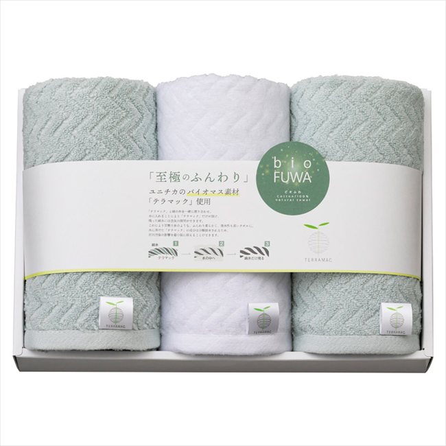 ■商品紹介：「至極のふんわり」ユニチカのバイオマス素材「テラマック」使用。テラマックと綿の糸を一緒に撚り合わせ、水に入れることによりテラマックだけが溶け、残った綿糸には空気の隙間ができます。これにより甘撚り糸のような、ふんわり柔らかく、吸水...