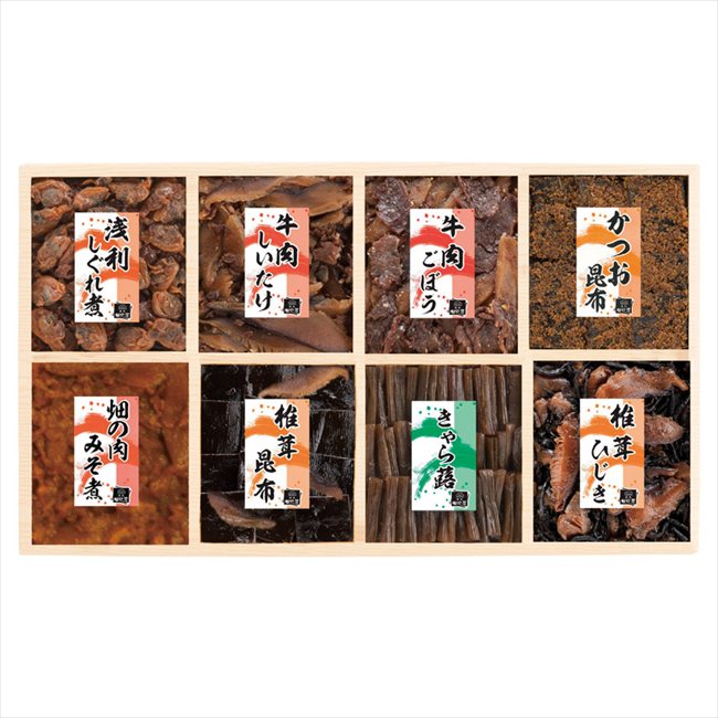 ■商品紹介：職人が丹精込めて炊き上げた和食の保存食、佃煮・昆布の詰合せです。 ■商品内容：セット内容/かつお昆布・椎茸昆布・きゃら蕗（各60g）・浅利しぐれ煮・牛肉しいたけ・牛肉ごぼう・畑の肉みそ煮・椎茸ひじき（各50g）×各1 ■パッケー...