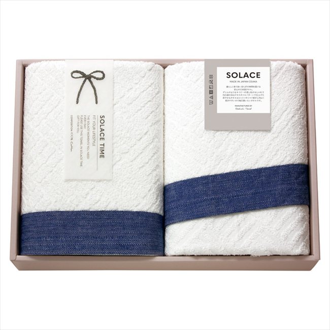 ■商品紹介：暮らしに寄り添い安らぎの時間を届ける安心の日本製タオル デニムのようなネイビーの差し色がおしゃれで凹凸感のあるテキスタイルパターンで仕上げた爽やかなタオルはコットンのシャリ感が心地よく乾きやすいので毎日使いたいタオルです。 ■商...