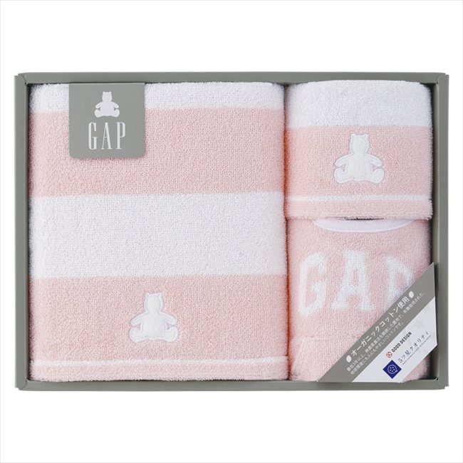 ■商品紹介：GAPとはクリーンで自信に満ち溢れ、快適かつ身近であり、クラシックモダンなブランドです。 ■商品内容：ミニバスタオル（45×90cm）・ベビーウォッシュタオル（25×25cm）・スタイ（20×31.5cm）×各1 タオル・スタイ...
