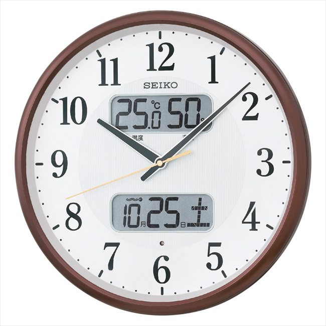 ■商品紹介：カレンダー、温度・湿度表示つき電波掛時計。 電波時刻修正機能、温度湿度表示、カレンダー、暗くなると止まる秒針 ■商品内容： 枠:プラスチック（茶メタリック塗装）、前面:ガラス ■パッケージサイズ：37×36.8×6.8cm ■賞...