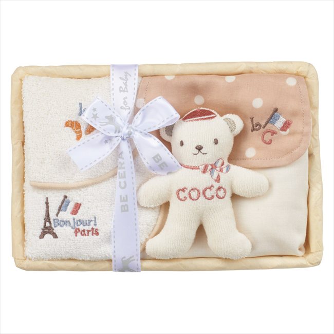 ■商品紹介： ■商品内容：授乳スタイスイーツ・授乳スタイエッフェル塔・汗とりパット・竹籠（14.5×21.5×5cm）×各1 スタイ・汗とりパット:綿100%、マスコットクマ:綿100%、（中綿）ポリエステル100% ■パッケージサイズ： ...