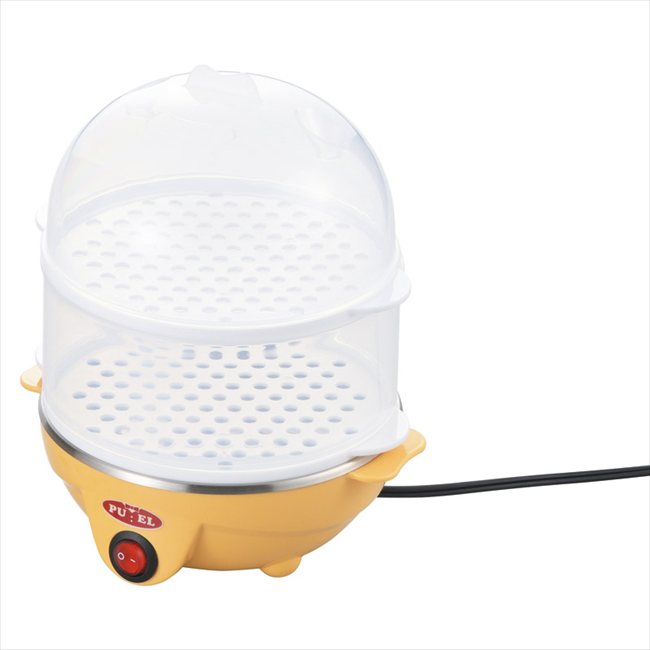 ■商品紹介：ゆで卵と蒸し料理が調理できる電気蒸し器!ゆでたまごが一度に7個作れます。半熟玉子、完熟玉子もお手のもの!「半熟・やわらかめ・かため」水の量を調節することでゆで加減が選べます。二段同時の調理で時短メニュー!蒸し料理やお料理の下ごし...