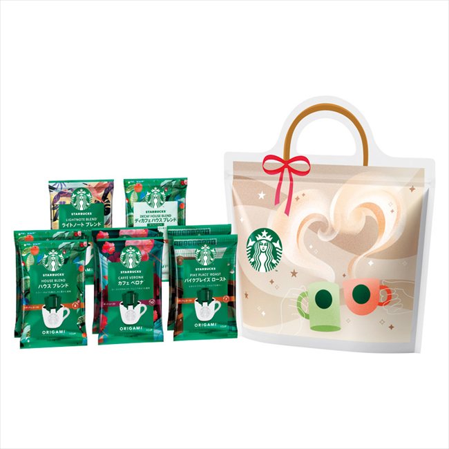 ■商品紹介：ハートフルなデザインバッグに、人気のブレンドを一杯ずつ詰めた贈り物。 一杯分の美味しさを味わえるドリップタイプのスターバックスオリガミを5種詰め合わせたギフト。一滴一滴を丁寧に淹れる贅沢な時間を、定番から深煎りコーヒーまで豊富な...