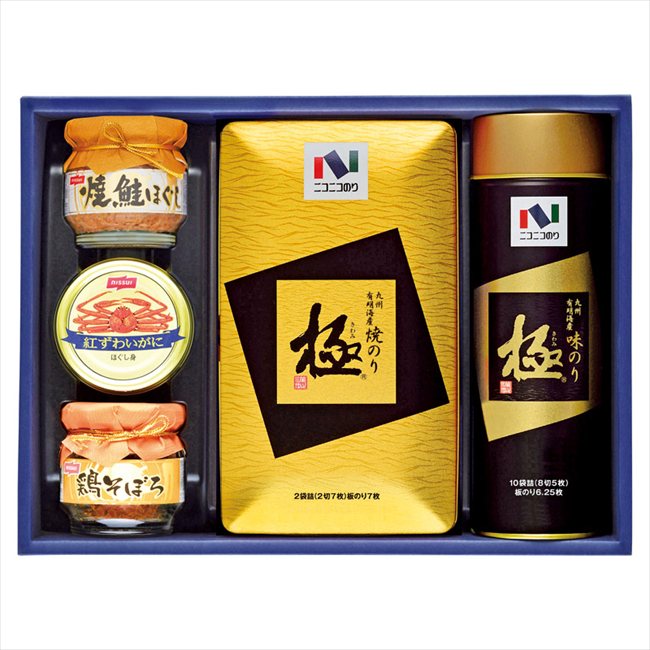 ■商品紹介：九州有明海産の上質な海苔「極」の味のりと焼のりに缶詰、瓶詰を詰め合わせました。 九州有明海産の上質な海苔「極」の味のりと焼のりに缶詰、瓶詰を詰め合わせました。 ■商品内容：味のり丸缶10袋詰（8切5枚）・焼のり半裁缶2袋詰（2切...