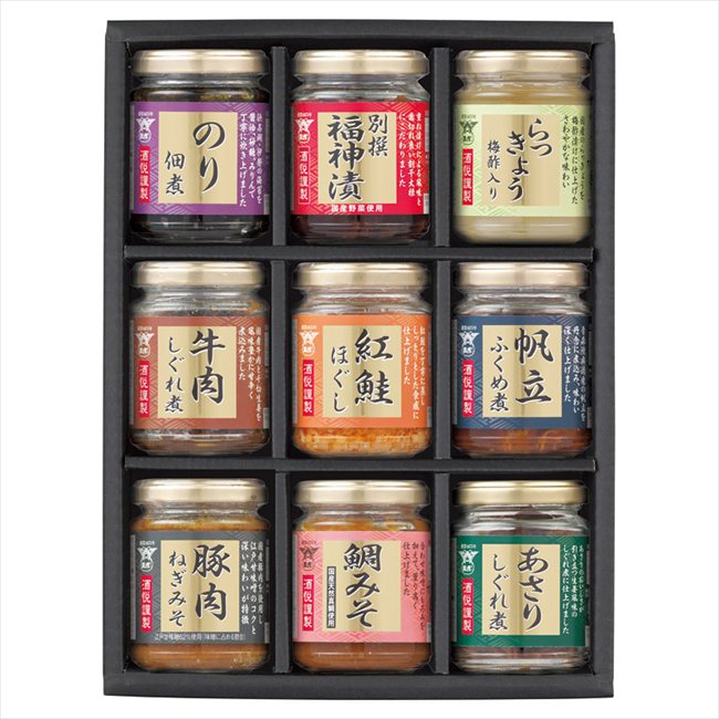 ■商品紹介：こだわり具材を詰め合わせた、ご飯のお供やお酒のつまみに最適なセットです。 ■商品内容：鯛みそ（140g）・のり佃煮・豚肉ねぎみそ（各125g）・別撰福神漬・帆立ふくめ煮（各120g）・紅鮭ほぐし（85g）・牛肉しぐれ煮・らっきょ...