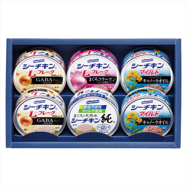 ■商品紹介： ギフト専用のシーチキンの詰め合わせです。 ■商品内容：シーチキンマイルドキャノーラオイル・シーチキンLフレークGABA入り（各70g）×各2、シーチキンLフレークコラーゲン入・まぐろと天然水で作ったシーチキン純（各70g）×各...