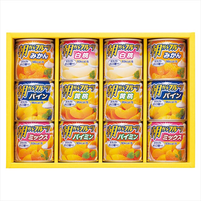 ■商品紹介： ■商品内容：朝からフルーツ（みかん・パイン・ミックス・白桃・黄桃・パイミン）（各190g）×各2 ■パッケージサイズ：22.7×31.5×7.5cm ■賞味期限（ある場合）：常温3年 メーカー希望小売価格はメーカーカタログに基...