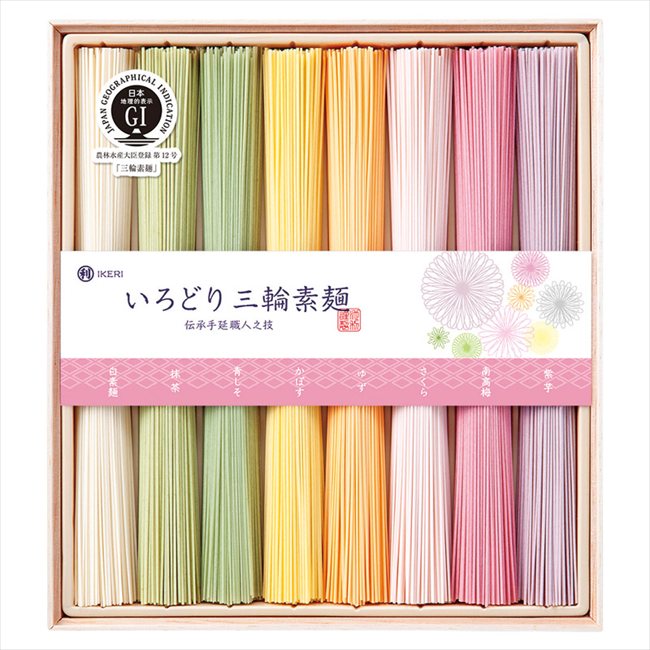 ■商品紹介：日本の伝統製法と和の食材で、日本の繊細な美しさを表現した素麺です。 彩り三輪そうめんは特に女性へ向けた商品として作られております。キレイな花を買ってリビングに飾ることで気分がリラックスするように、様々な色合いを贈り物で使ってもら...
