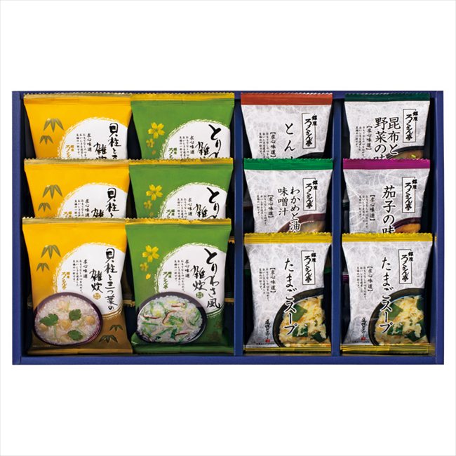 ■商品紹介：素材と味付けにこだわって、香り立つ美味しさをそのままパックしました。どなたに贈っても喜ばれるフリーズドライのギフトです。 ■商品内容：貝柱と三つ葉の雑炊・とりわさ風雑炊×各3、たまごスープ×2、とん汁・昆布と野菜の味噌汁・わかめ...