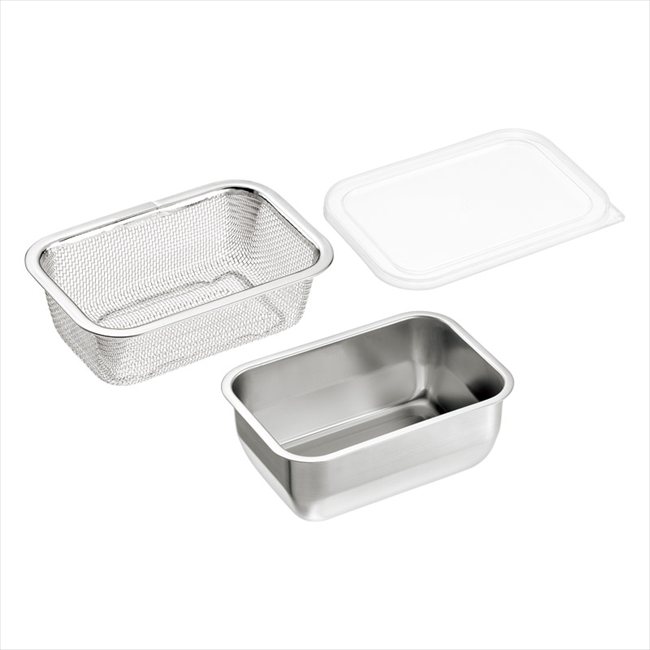 ■商品紹介：熟練の技巧、信頼の日本製。丈夫で耐久性に優れた18-8ステンレス製。水切りや油切りなどに使えるザルと、保存に便利な蓋付き。 ■商品内容：バット（16×11×6cm）・ザル（14.6×9.6×5cm）・蓋×各1・18-8ステンレス...