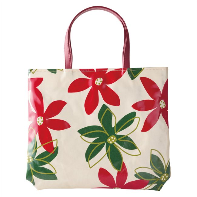 ■商品紹介：表面にビニールコーティングを施した手提げです。鮮やかな花柄が目を引き、装いに華やぎを持たせてくれます。ビニールコーティングだから雨の日も活躍。マグホック開閉式。内ファスナーポケット×1室、オープンポケット×2室。持ち手立上り約1...