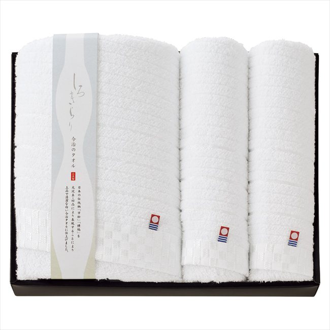 ■商品紹介：上品な白さの中に光沢糸がきらり。風合いも美しい上質な逸品。日本の伝統柄「市松」と「横縞」を、光沢糸とジャカード織りの凹凸により美しく表現。上品で清潔感あふれる白い今治タオルに仕上げました。慶弔を問わず幅広い世代の方に贈りやすい、...