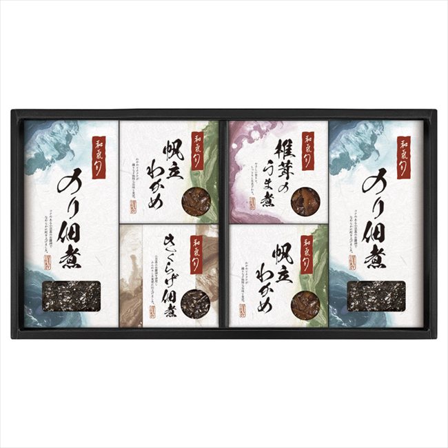 ■商品紹介：日本橋に和みの空間を設え、店名どおり、多彩な“旬”食材を活かした料理を披露しつづける「和氣 旬」監修の佃煮ギフト ■商品内容：のり佃煮（65g）・帆立わかめ（30g）×各2、きくらげ（40g）・椎茸のうま煮（27g）×各1 ■パ...