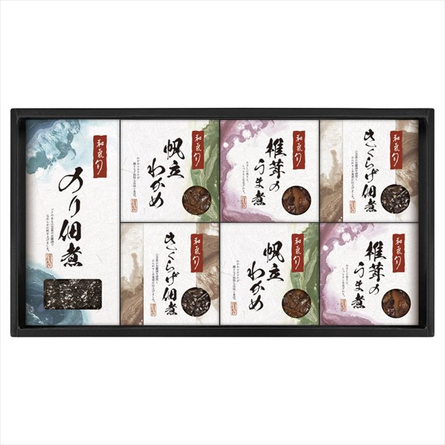 ■商品紹介：日本橋に和みの空間を設え、店名どおり、多彩な“旬”食材を活かした料理を披露しつづける「和氣 旬」監修の佃煮ギフト ■商品内容：帆立わかめ（30g）・きくらげ（40g）・椎茸のうま煮（27g）×各2、のり佃煮（65g）×1 ■パッ...