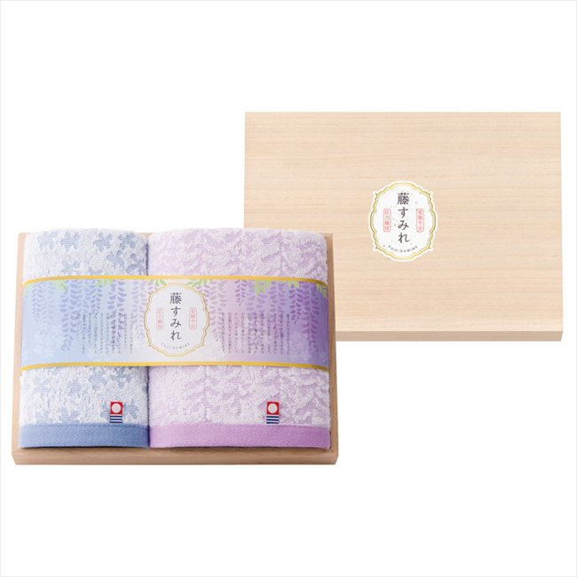 ■商品紹介：上品と奥ゆかしさを兼ね備え日本の美しさを彩った木箱入り今治タオル やさしさという花言葉の藤は、「長寿」や「子孫繁栄」などの意味を持つどんなシーンにも合う花です。ちいさな幸せという花言葉のすみれは、西洋では三大美のひとつとも言われ...