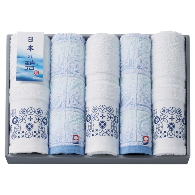 ■商品紹介：和柄ジャガード織 今治×泉州（ブルー系） ■商品内容：泉州フェイスタオル（29×85cm）×2、泉州スリムバスタオル（34×100cm）・今治フェイスタオル（32×75cm）・今治ハンドタオル（32×34cm）×各1 ■パッケー...