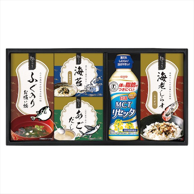 ■商品紹介：日清MCTリセッタと和風食品の詰合せ ■商品内容：日清MCTリセッタ200g・海老しらすふりかけ（3g×3）・海苔茶漬け（5.5g×2）・あごだし（6g×2）・ふぐ入りお吸い物（3.2g×3）×各1 ■パッケージサイズ：19.5...
