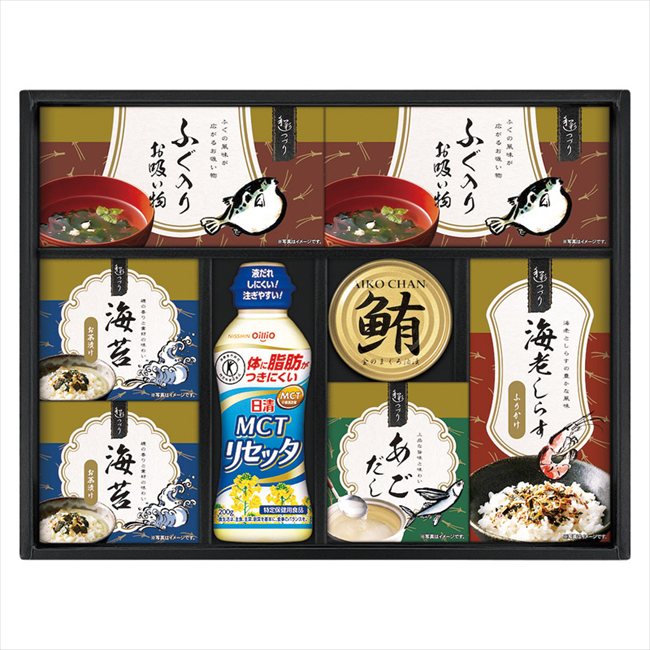 ■商品紹介：日清MCTリセッタと和風食品の詰合せ ■商品内容：海苔茶漬け（5.5g×2）・ふぐ入りお吸いもの（3.2g×3）×各2、日清MCTリセッタ200g・海老しらすふりかけ（3g×3）・あごだし（6g×2）・鮪油漬けフレーク70g×各...