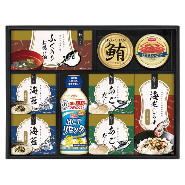 ■商品紹介：日清MCTリセッタと和風食品の詰合せ ■商品内容：海苔茶漬け（5.5g×2）・あごだし（6g×2）×各2、日清MCTリセッタ200g・海老しらすふりかけ（3g×3）・ふぐ入りお吸いもの（3.2g×3）・鮪油漬けフレーク70g・ニ...