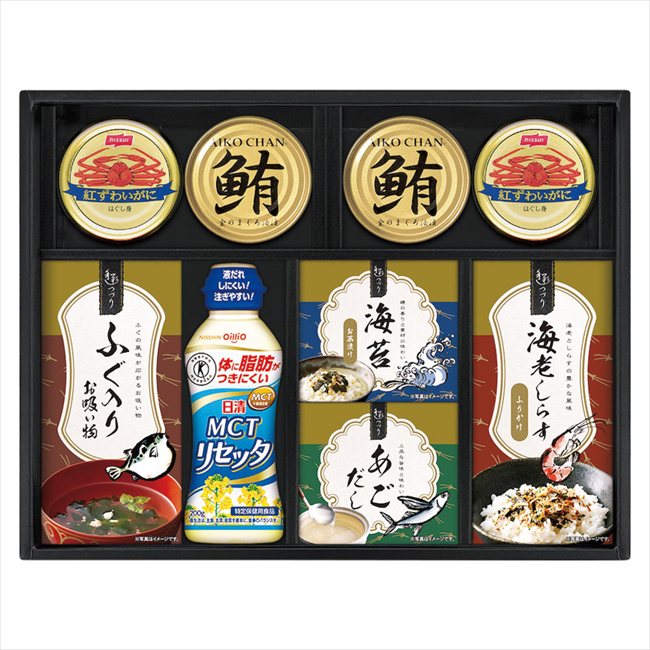 ■商品紹介：日清MCTリセッタと和風食品の詰合せ ■商品内容：鮪油漬けフレーク70g・ニッスイ紅ずわいがにほぐし身55g×各2、日清MCTリセッタ200g・海老しらすふりかけ（3g×3）・海苔茶漬け（5.5g×2）・あごだし（6g×2）・ふ...