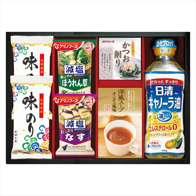 ■商品紹介：ご家庭で大活躍のアイテムをそろえたバラエティ豊かな詰合せギフトです ■商品内容：有明海産味のり（8切5枚）×2、日清キャノーラ油（400g）・アマノフーズ減塩いつものおみそ汁（なす）（9g）・アマノフーズ減塩いつものおみそ汁（ほ...