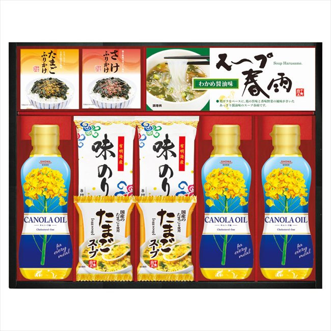 ■商品紹介：菜種を原料とした、オレイン酸を含むピュアオイルです。あっさりと軽やかな風味で、生食はもちろん、揚げもの・炒めものなど、いろいろなお料理に幅広くお使いいただけるキャノーラ油と、食卓のお供に欠かせない、有明海産の味付けのりとフリーズ...