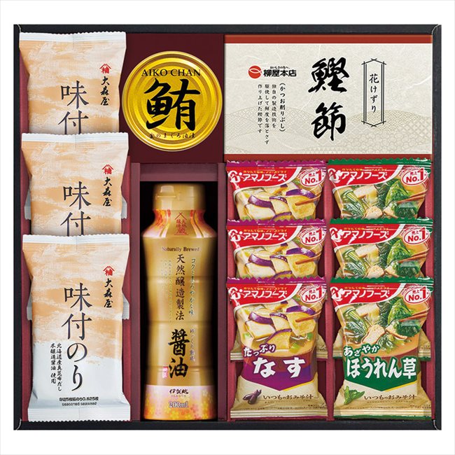 ■商品紹介：食べきりタイプの個包装が便利な大森屋の味付のり、お湯を注ぐだけで簡単に作り立てのおいしさが味わえるアマノフーズのフリーズドライおみそ汁など食卓にあると嬉しいギフトセットです。 ■商品内容：大森屋味付のり（8切5枚）・アマノフーズ...